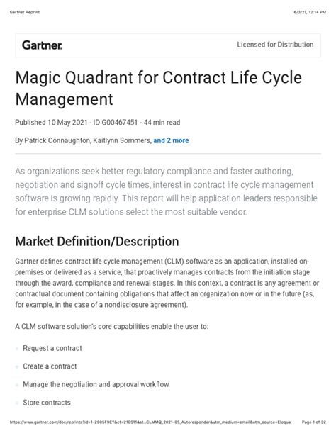 Magic Quadrant For Contract Life Cycle Management 2021 Pdf Cloud