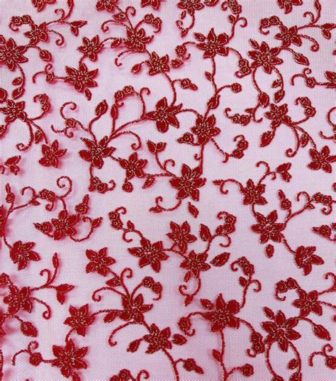Red Flocked Glitter Floral Vines On Tulle Mesh Fabric Joann