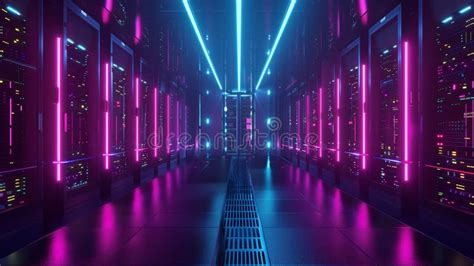 a futuristic data center with glowing server racks and fiber optic