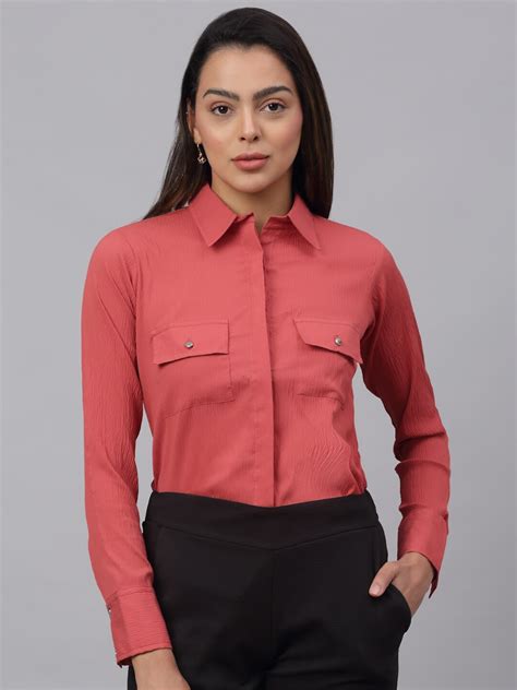 Buy Jainish Women Peach Coloured Solid Classic Casual Shirt Shirts