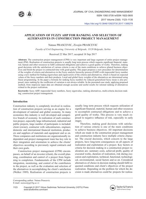 Pdf Application Of Fuzzy Ahp For Ranking And Selection Of Alternatives In Construction Project