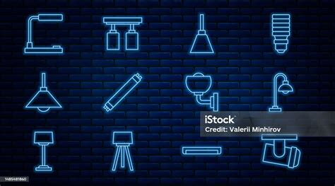 세트 라인 Led 트랙 조명 및 램프 바닥 샹들리에 형광등 램프 교수형 테이블 벽 보루 및 아이콘 벡터 0명에 대한 스톡 벡터