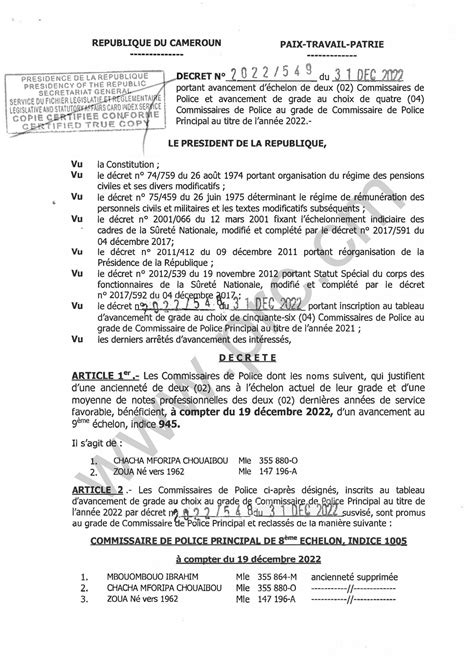 Décret N°2022549 Du 31 Décembre 2022 Portant Avancement Déchelon De