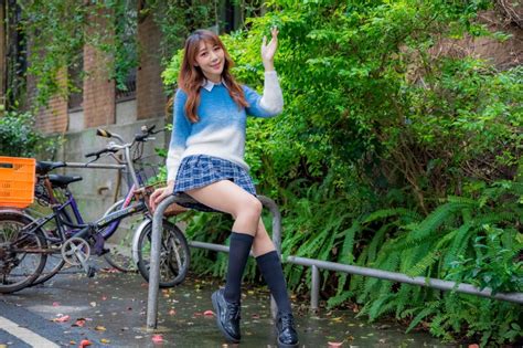 1419137 4k Asian Sitting Knee Highs Legs Skirt Blouse Glance