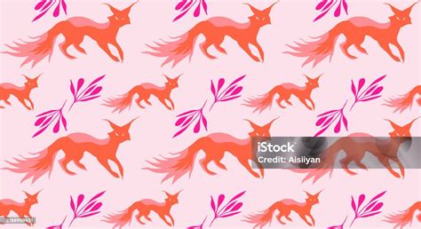 손으로 그린 여우와 숲 식물의 요소가 있는 완벽한 패턴 배경 배경 화면 직물 및 패션을 위한 꽃 질감 0명에 대한 스톡 벡터