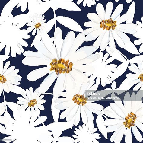 分離上の白い花のダークブルーの背景にシームレスなベクター イラストレーションのベクターアート素材や画像を多数ご用意 イラストレーション