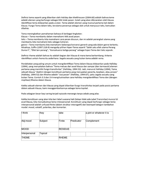 Definisi Tema Seperti Yang Diberikan Oleh Haliday Pdf Seni And Disiplin Bahasa