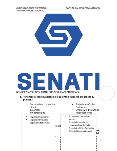 S s Resolver Ejercicios Legislación Empresarial CURSO LEGISLACION EMPRESARIAL DOCENTE Mg