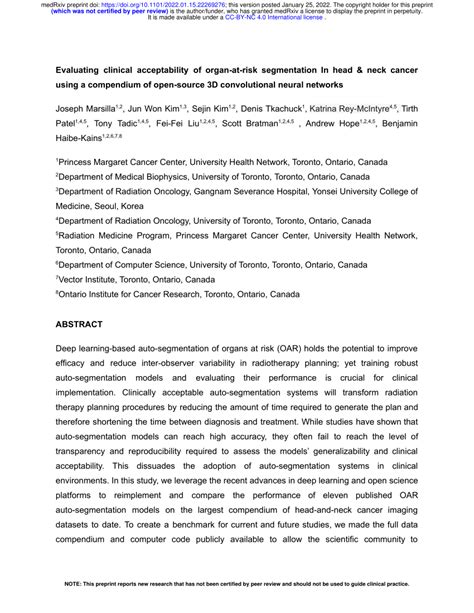 Pdf Evaluating Clinical Acceptability Of Organ At Risk Segmentation In Head And Neck Cancer