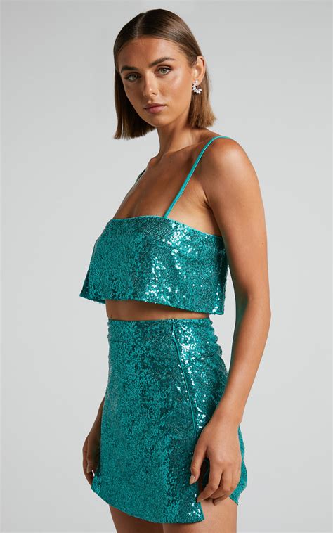 Elswyth Mini Skirt Side Split Sequin Skirt In Teal Showpo Usa