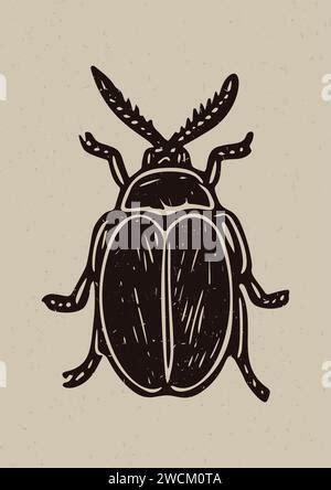 Handmade Linocut Insect Motif Clipart In Folkart Scandi Style Simple Monochrome Block Print Bug