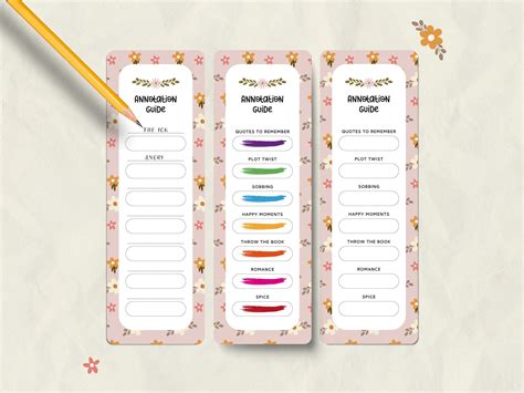 Set Of 3 Annotation Key Color Guide Bookmarks With Flower Pattern Png