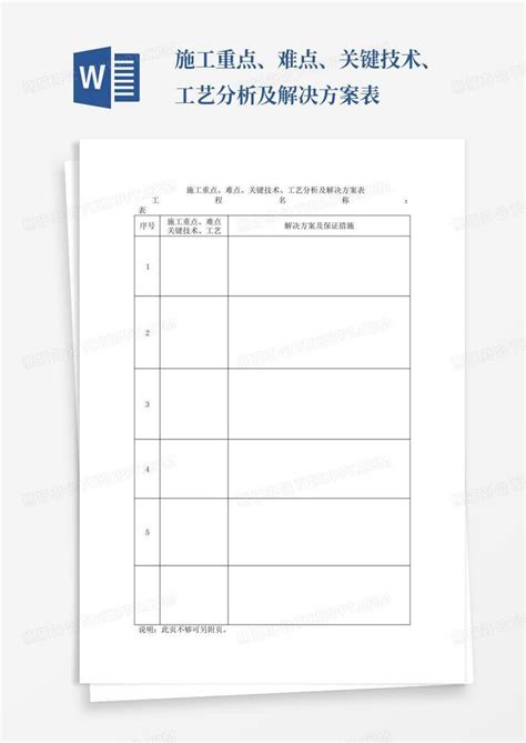 施工重点、难点、关键技术、工艺分析及解决方案表word模板下载编号lmkrvjeg熊猫办公