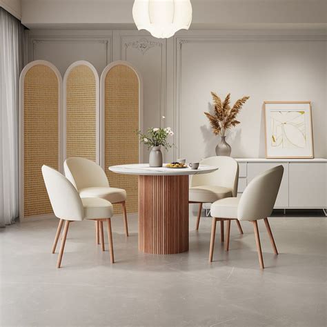 Milie 31 Inch Round Small Dining Table White Marble Top Wooden Base For