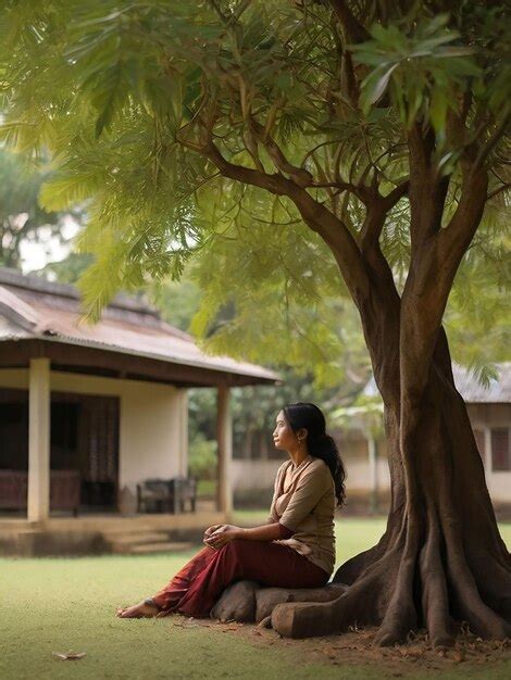 Premium Photo A Girl Is Sitting Under A Tree
