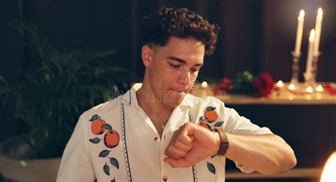 Romance Waiting And Man With Watch Restaurant Or Late Dinner Date