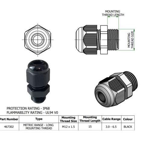 Presse étoupe M12 pour câble électrique 3mm 6 5mm noir IP68 passe fil