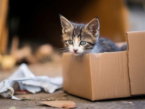 Homeless Cute Tabby Kitten Sits Inside Cardboard Box Amidst Leaves