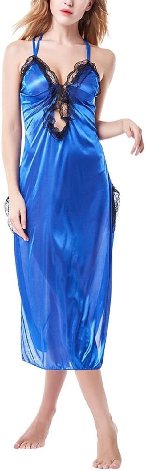 Bornbayb Frauen Satin Lange Chemise Nachthemd Halter Lace Dessous