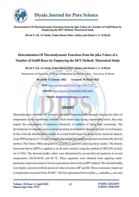 Pdf Determination Of Thermodynamic Functions From The Pka Values Of A