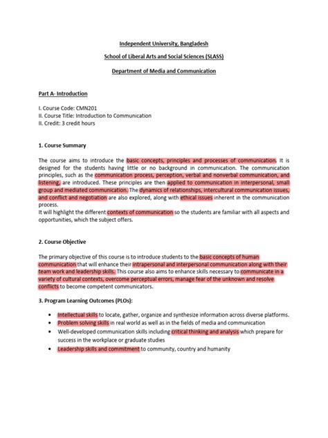 Cmn 201 Obe Course Outline Pdf Communication Nonverbal Communication