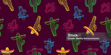 어두운 배경에 화려한 솜브레로를 입은 선인장이 있는 Cinco De Mayo 완벽 한 패턴으로 멕시코 축제 파티 디자인 인쇄 및 장식에 적합합니다 공휴일에 대한 스톡 벡터