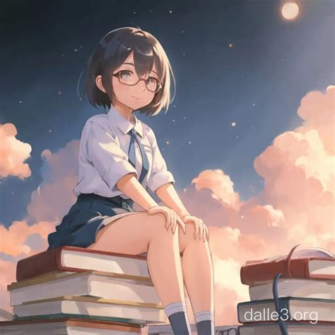 Girl With Bob Cut And Glasses Contemplating Anime Drawing Dalle3 Ai