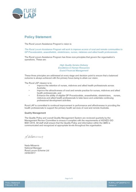 Quality Policy Statement Bringing Health And Aged Care Locum Assistance To Rural Australia