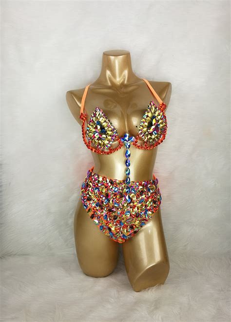 Free Shipping Hand Beaded Belly Dance Samba Costume Orange Etsy
