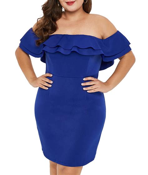 Lalagen Womens Plus Size Sexy Off Shoulder Ruffle Bodycon Party Club Mini Dress