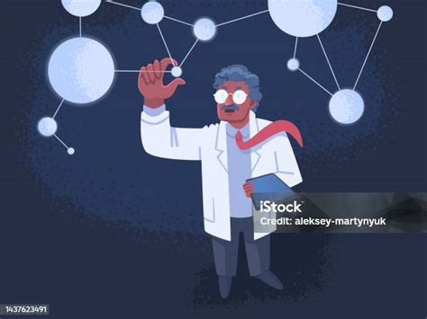 과학 안경과 실험실 코트를 입은 과학자가 원자 또는 뉴런을 검사합니다 물리학 또는 화학 분야의 과학적 발견 벡터 그림 Dna에 대한 스톡 벡터 아트 및 기타 이미지 Istock