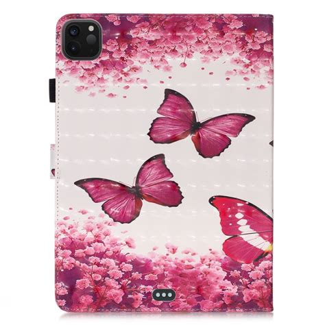 Ipad Pro 11 2020의 경우 3d 컬러 드로잉 가로 플립 가죽 태블릿 케이스 수면 모닝 기능 및 홀더 및 카드 Slo 및 지갑 장미 나비