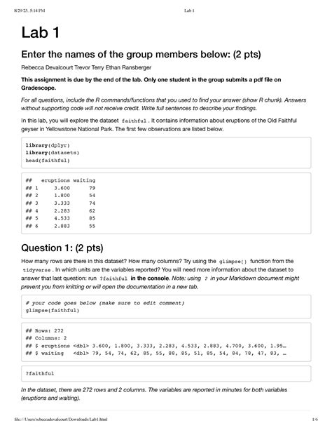 Lab 1 Pdf Lab 1 Lab 1 Enter The Names Of The Group Members Below 2 Pts Rebecca Devalcourt