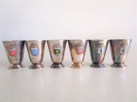 Set Of 6 Vintage Silver Plated Shot Glasses German Cities Crest Emblem