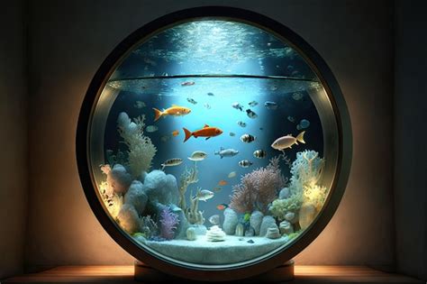 Grande aquário redondo espaço vazio e fundo iluminado Foto Premium