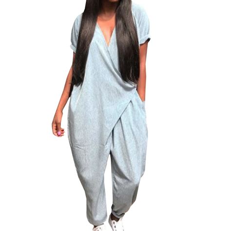 Summer Women Loose Jumpsuit With Pockets Office Ladies Short Sleeve V