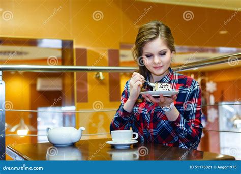 Young Beautiful Girl Eating Cake In Cafe Stock Image Image Of