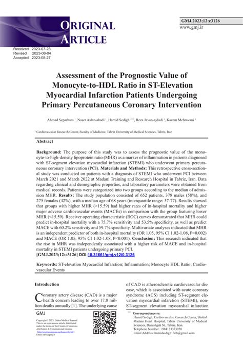 Pdf Evaluation Of The Prognostic Value Of Monocyte To Hdl Ratio Mhr