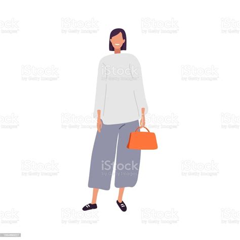 흰색에 고립 된 세련된 현대 여성 소녀가 서 있다 밝은 오렌지 핸드백유행 도시 의상을 입은 젊은 여성 플랫 벡터 문맹 회색