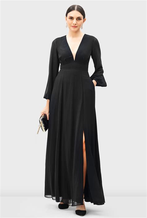 Shop Plunge Sheer Chiffon Vented Dress Eshakti