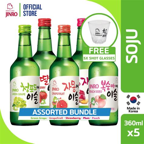 Jinro Assorted Flavors Soju 360 Ml Pack Of 5 Free 5 Shot Glasses