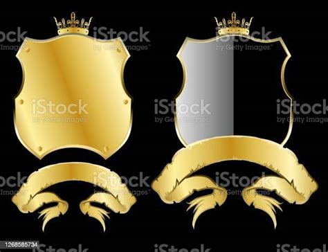 블랙 골드 쉴드 일러스트 세트 컬렉션1 0명에 대한 스톡 벡터 아트 및 기타 이미지 0명 검은색 금 금속 Istock