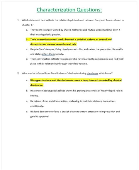 The Great Gatsby Ch 1 3 30 Inference Multiple Choice Questions Ap