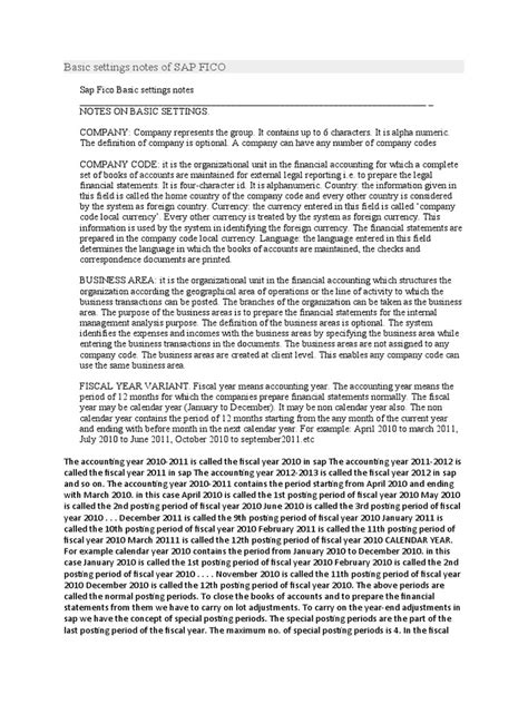 Basic Settings Notes Of Sap Fico Pdf Fiscal Year Financial Accounting