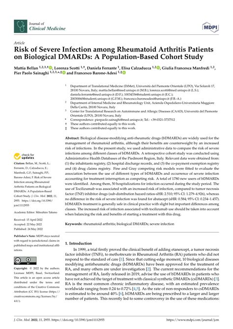 Pdf Risk Of Severe Infection Among Rheumatoid Arthritis Patients On Biological Dmards A