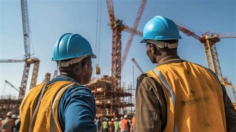 Two Dedicated Workers Overseeing Progress On Busy Construction Site