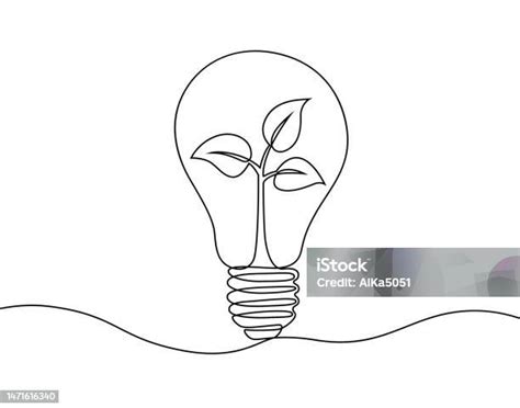 Dessin Au Trait Continu De Lampoule Avec Plante Concept Énergie Verte