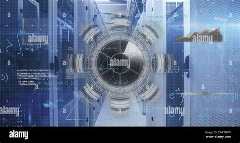 Image Of Mathematical Equations Over Round Scanner And Data Processing