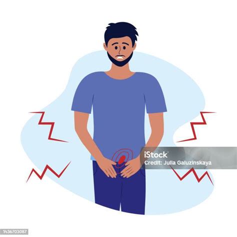 하복부 방광에 통증이있는 남자 남성 캐릭터는 전립선 염 방광염 비뇨기 계통의 통증 요실금 요도염으로 고통받습니다 방뇨에 대한