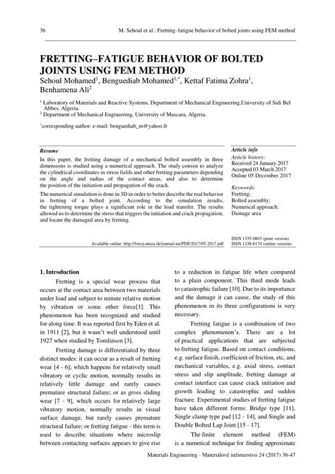 Pdf Fretting Fatigue Behavior Of Bolted Joints Using Fem Method
